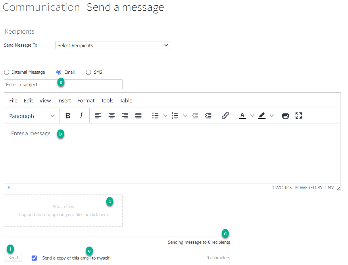 Sending an email, SMS or internal message